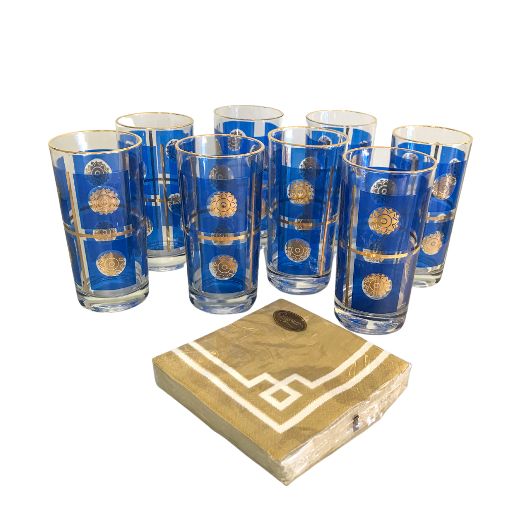 Set Of 8 Bright Blue Medallion Midcentury Glasses – The Fab Foo